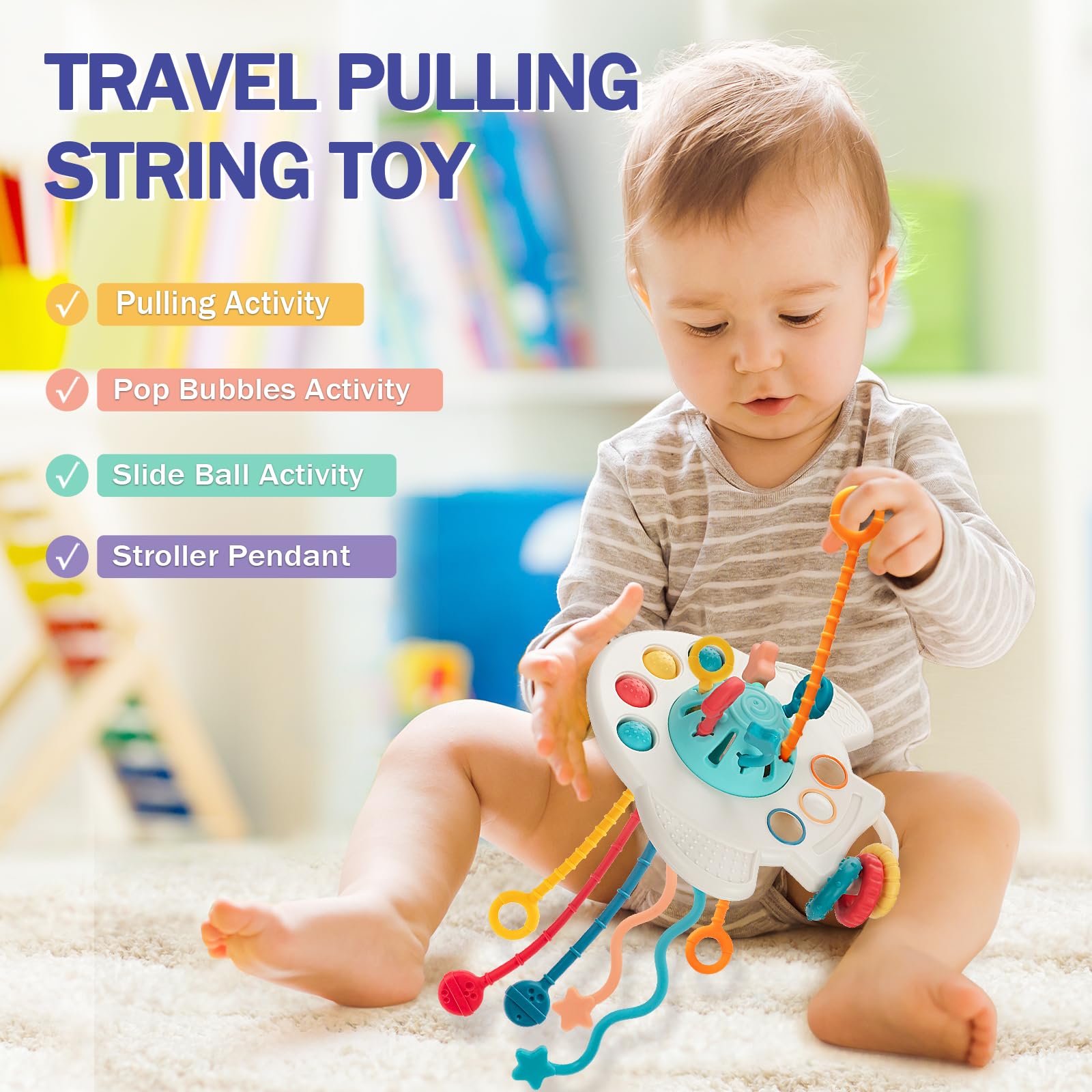 Baby Toys 6 to 12 Months, 5 In 1 Montessori Toys for 1 Year Old, Incl Travel Pull String Toy & Shape Sorter & Stacking Baby Block & Soft Infant Ring & Sensory Ball for Toddler 0-3-6-9-12 Month