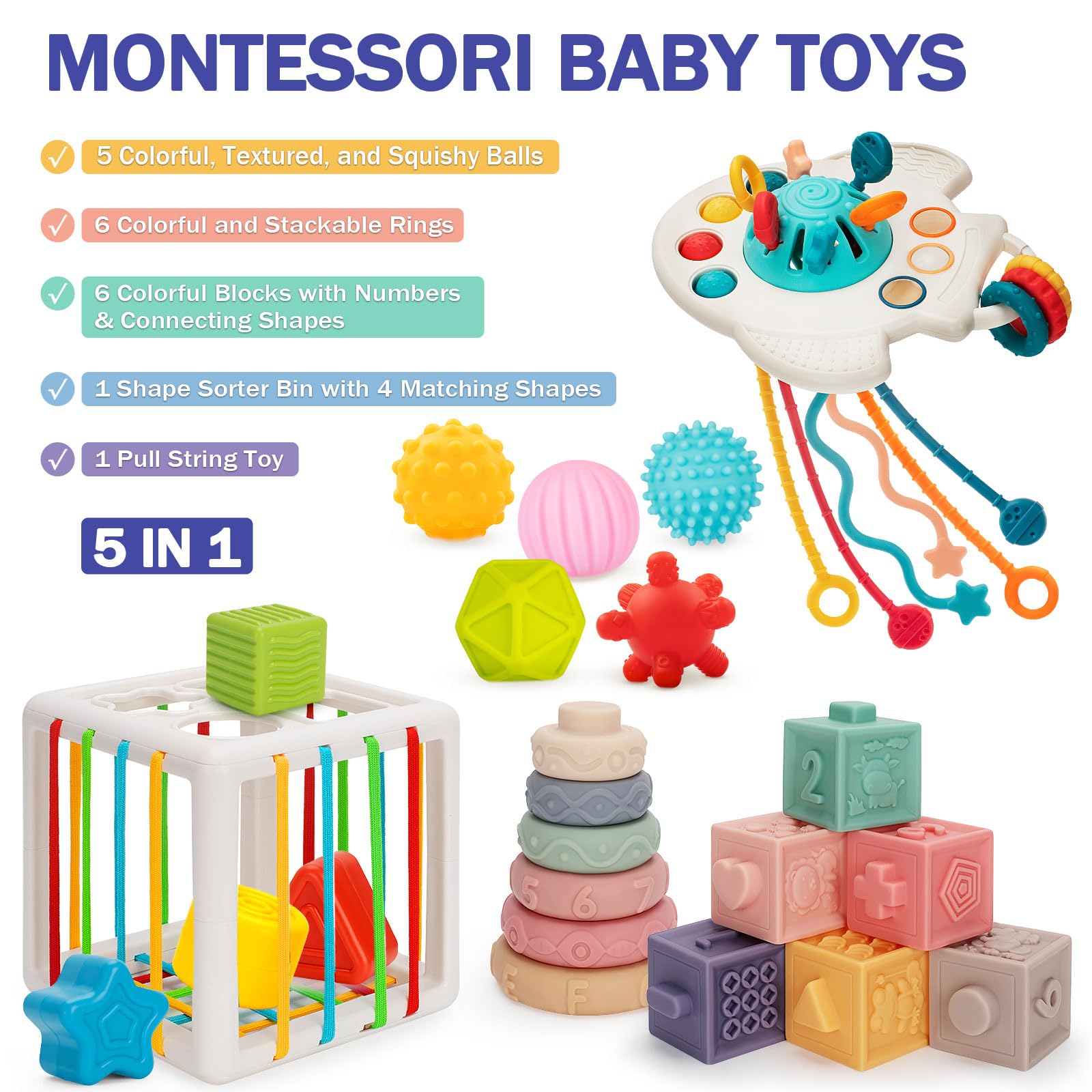 Baby Toys 6 to 12 Months, 5 In 1 Montessori Toys for 1 Year Old, Incl Travel Pull String Toy & Shape Sorter & Stacking Baby Block & Soft Infant Ring & Sensory Ball for Toddler 0-3-6-9-12 Month