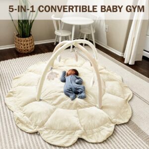 5-in-1 Convertible Baby Play Gym with 6 Toys, Tummy Time Mat for Sensory Development, Baby Activity Center from Newborn to Toddler, Ball Pit, Cat & Dog Bed, Soft Plush Pet Bed, No Ball Included Cream