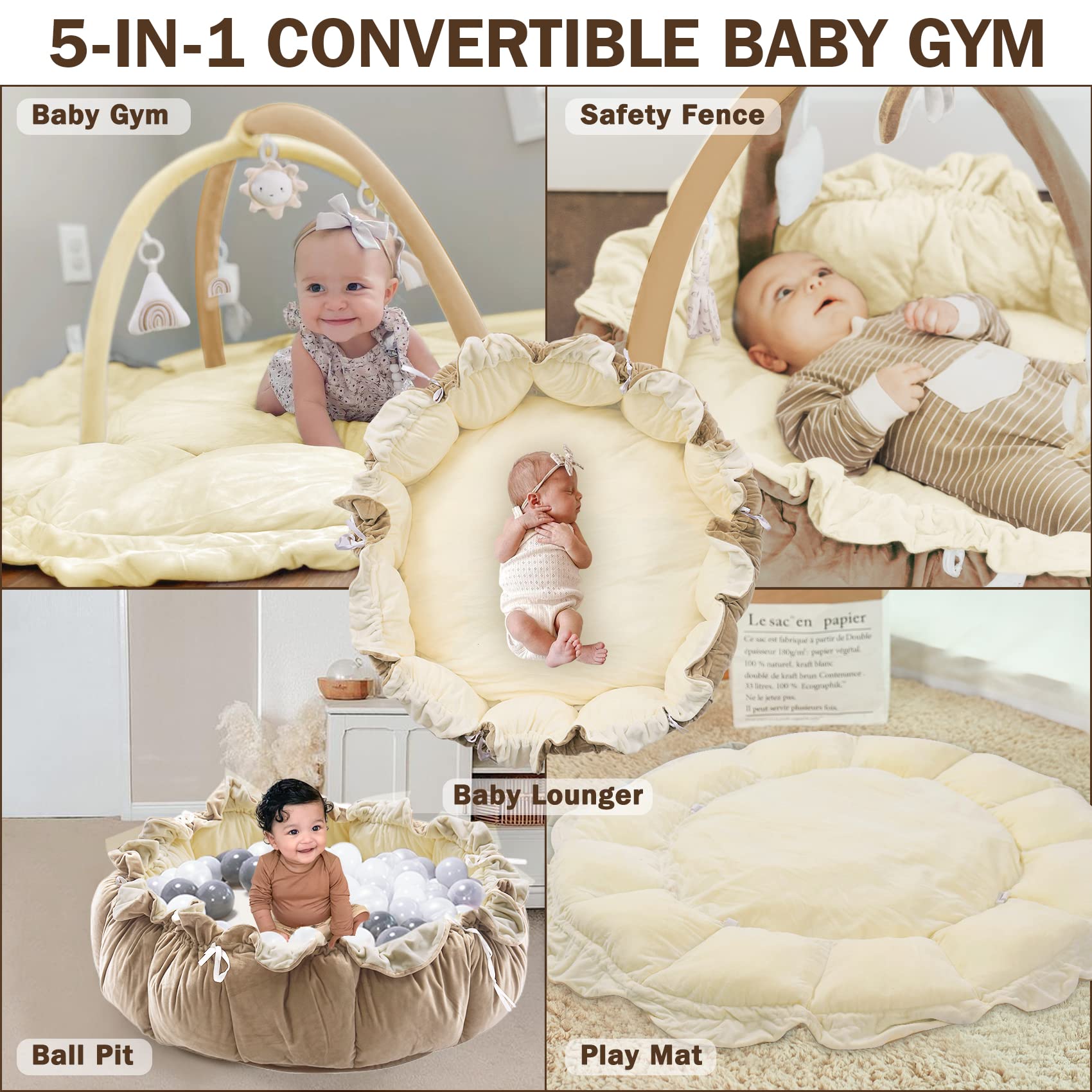 5-in-1 Convertible Baby Play Gym with 6 Toys, Tummy Time Mat for Sensory Development, Baby Activity Center from Newborn to Toddler, Ball Pit, Cat & Dog Bed, Soft Plush Pet Bed, No Ball Included Cream