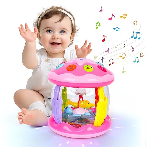 M SANMERSEN Baby Toys 6-12 Months - Babies Ocean Projector Light Up Musical Toys for 12-18 Months Crawling Learning Tummy Time 1 2 Years Old Infant Boys Girls Gifts - Pink and Purple