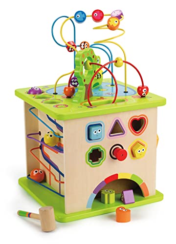 Country Critters Wooden Activity Play Cube by Hape | Wooden Learning Puzzle Toy for Toddlers, 5-Sided Activity Center with Animal Friends, Shapes, Mazes, Wooden Balls, Shape Sorter Blocks and More, 13.78 x 13.78 x 19.69 inches