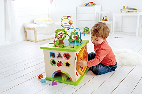 Country Critters Wooden Activity Play Cube by Hape | Wooden Learning Puzzle Toy for Toddlers, 5-Sided Activity Center with Animal Friends, Shapes, Mazes, Wooden Balls, Shape Sorter Blocks and More, 13.78 x 13.78 x 19.69 inches