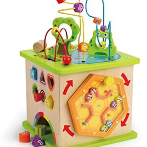 Country Critters Wooden Activity Play Cube by Hape | Wooden Learning Puzzle Toy for Toddlers, 5-Sided Activity Center with Animal Friends, Shapes, Mazes, Wooden Balls, Shape Sorter Blocks and More, 13.78 x 13.78 x 19.69 inches