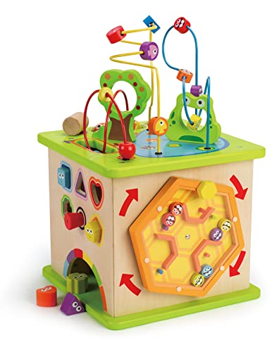 Country Critters Wooden Activity Play Cube by Hape | Wooden Learning Puzzle Toy for Toddlers, 5-Sided Activity Center with Animal Friends, Shapes, Mazes, Wooden Balls, Shape Sorter Blocks and More, 13.78 x 13.78 x 19.69 inches