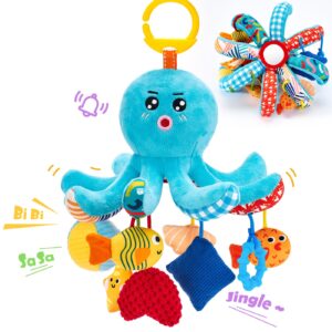 hahaland baby toys 0-6 months - octopus toy with pulling cords, squeaky, crinkle, rattle, mirror - baby toys 3-6 months developmental newborn infant toys - baby gifts