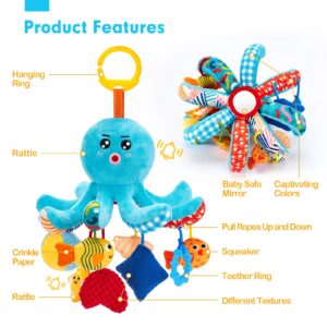 hahaland Baby Toys 0-6 Months - Octopus Toy with Pulling Cords, Squeaky, Crinkle, Rattle, Mirror - Baby Toys 3-6 Months Developmental Newborn Infant Toys - Baby Gifts