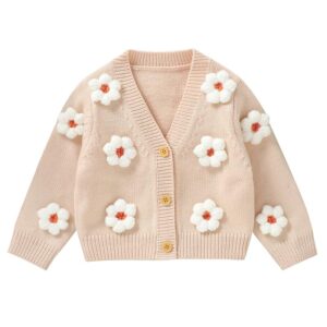 neiwech baby girl cardigan sweater toddler knit v-neck button long sleeve outwear fall winter clothes beige 2-3 t