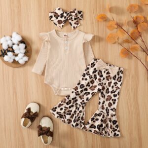 fhutpw Newborn Baby Girl Clothes Infant Rib Frill Long Sleeve Romper Flared Pants Headband Set 3pcs Fall Winter Outfits (A- Beige, 9-12 Months)