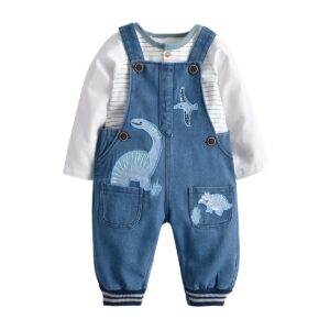 lvyinli baby boy clothes set infant boy's long sleeve romper+dinosaur denim overalls toddler boys fall winter outfits (blue, 6-12 months)