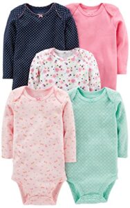 simple joys by carter's baby girls' 5-pack long-sleeve bodysuit, mint green/navy dots/pink/butterflies/floral, 3-6 months