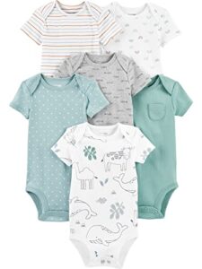 simple joys by carter's unisex baby 6-pack short-sleeve bodysuit shirt, animal/rainbow/stripe/text print, 3-6 months us