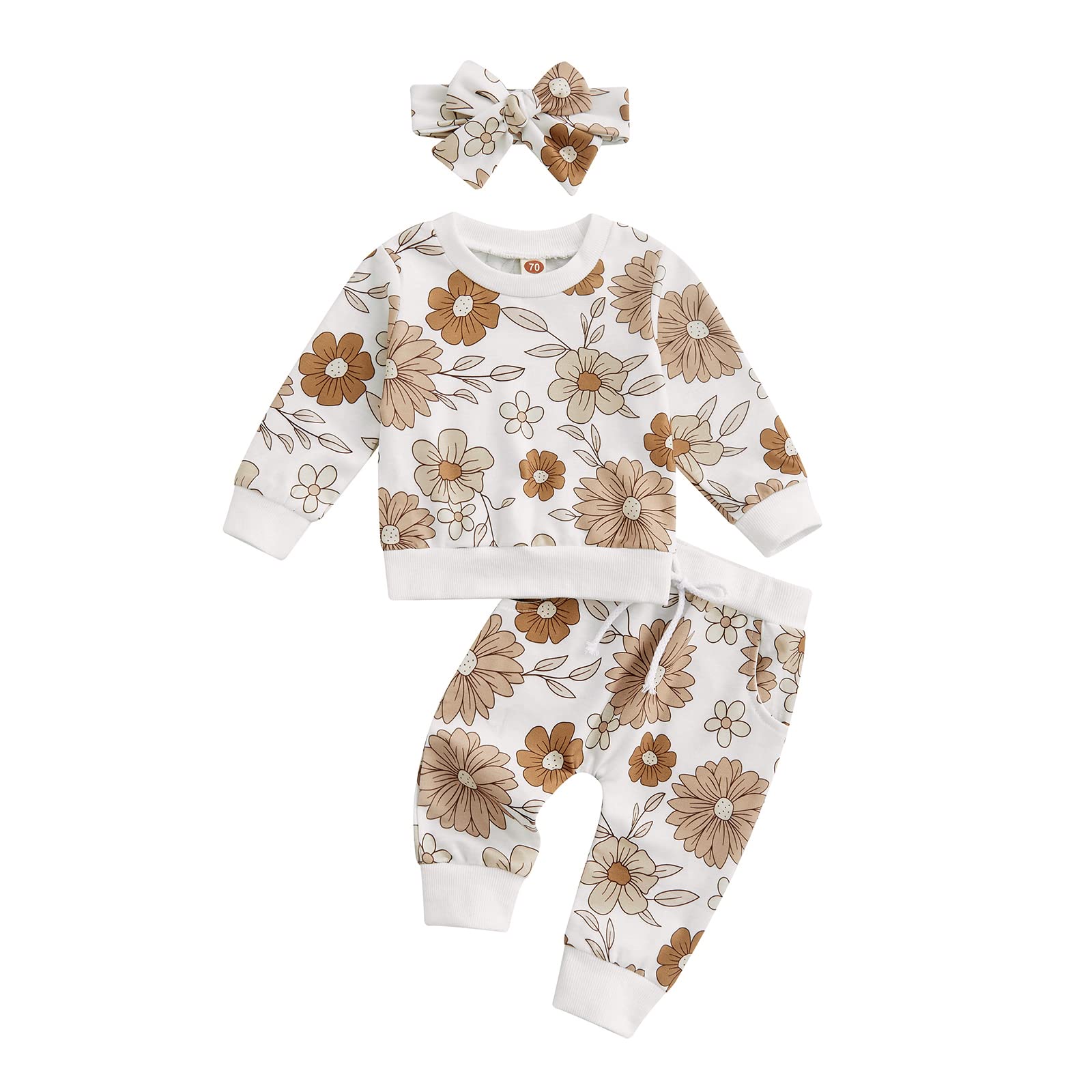 CIYCUIT 3Pcs Baby Girl Outfits Floral Sweatshirt + Pants + Headband Infant Fall Winter Clothes White 0-6 Months