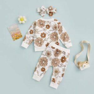 CIYCUIT 3Pcs Baby Girl Outfits Floral Sweatshirt + Pants + Headband Infant Fall Winter Clothes White 0-6 Months