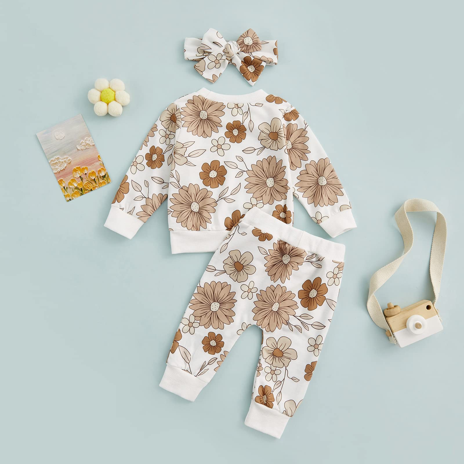 CIYCUIT 3Pcs Baby Girl Outfits Floral Sweatshirt + Pants + Headband Infant Fall Winter Clothes White 0-6 Months