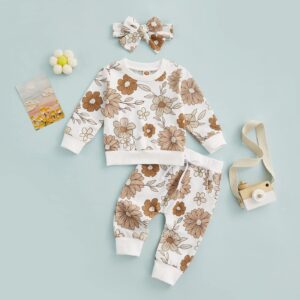 CIYCUIT 3Pcs Baby Girl Outfits Floral Sweatshirt + Pants + Headband Infant Fall Winter Clothes White 0-6 Months