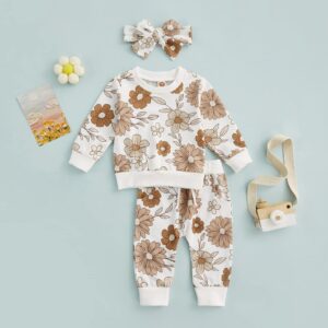 CIYCUIT 3Pcs Baby Girl Outfits Floral Sweatshirt + Pants + Headband Infant Fall Winter Clothes White 0-6 Months