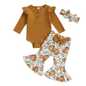 fhutpw baby girl clothes newborn 3 6 12 18 months fall outfits ruffle knitted long seeve romper top & flare pants sets (halloween-brown 1, 12-18 months)