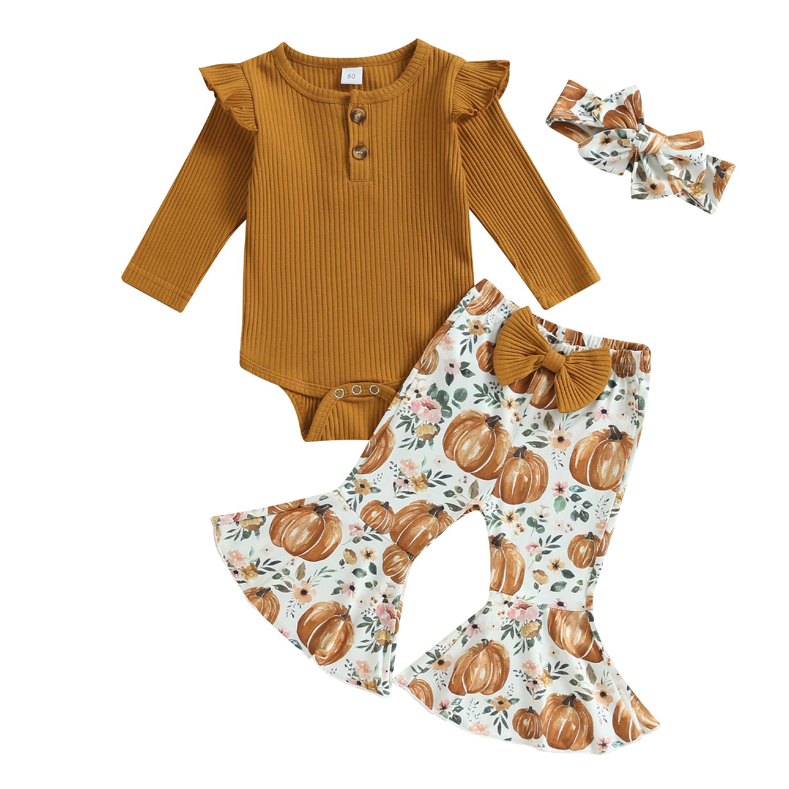 fhutpw Baby Girl Clothes Newborn 3 6 12 18 Months Fall Outfits Ruffle Knitted Long Seeve Romper Top & Flare Pants Sets (Halloween-brown 1, 12-18 Months)