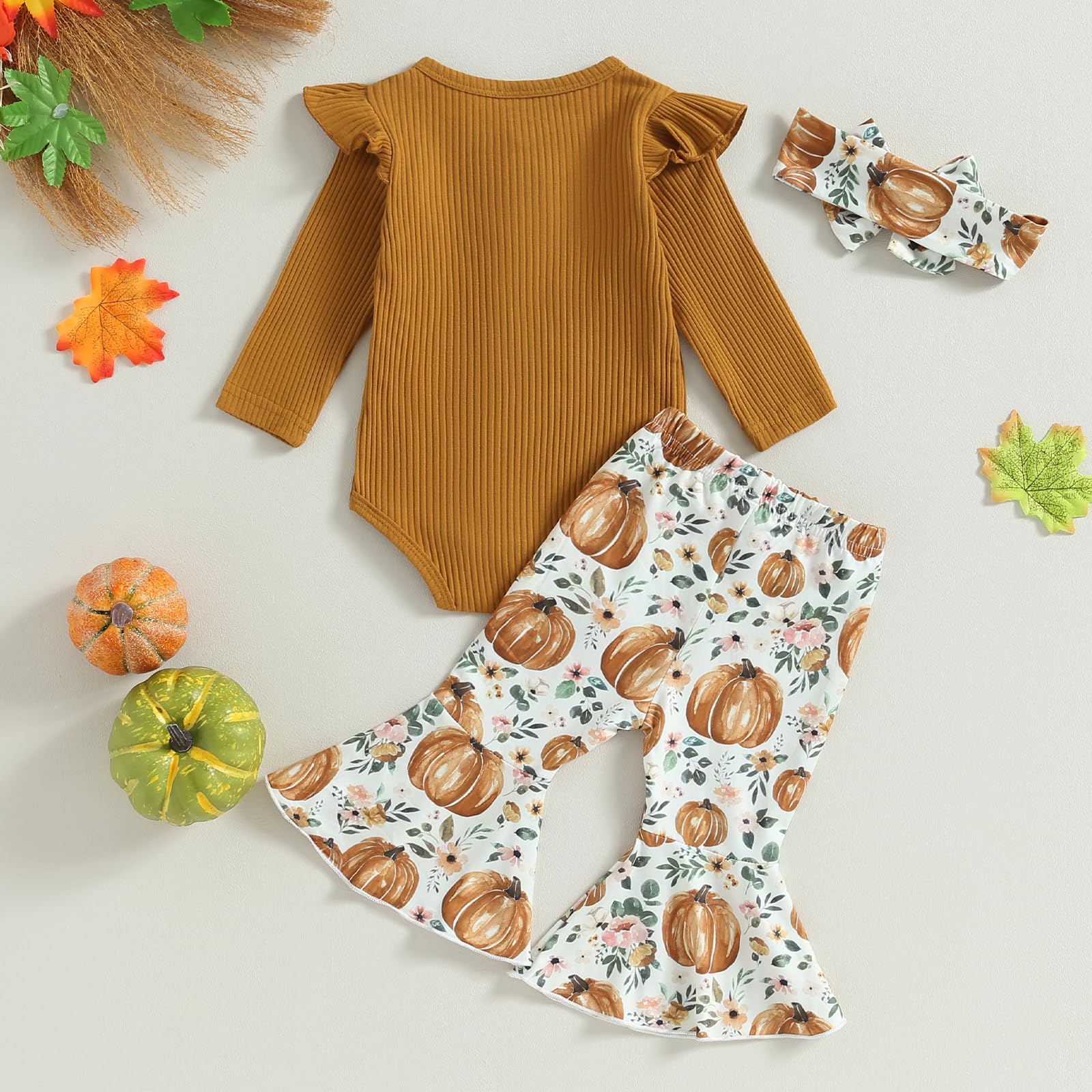 fhutpw Baby Girl Clothes Newborn 3 6 12 18 Months Fall Outfits Ruffle Knitted Long Seeve Romper Top & Flare Pants Sets (Halloween-brown 1, 12-18 Months)