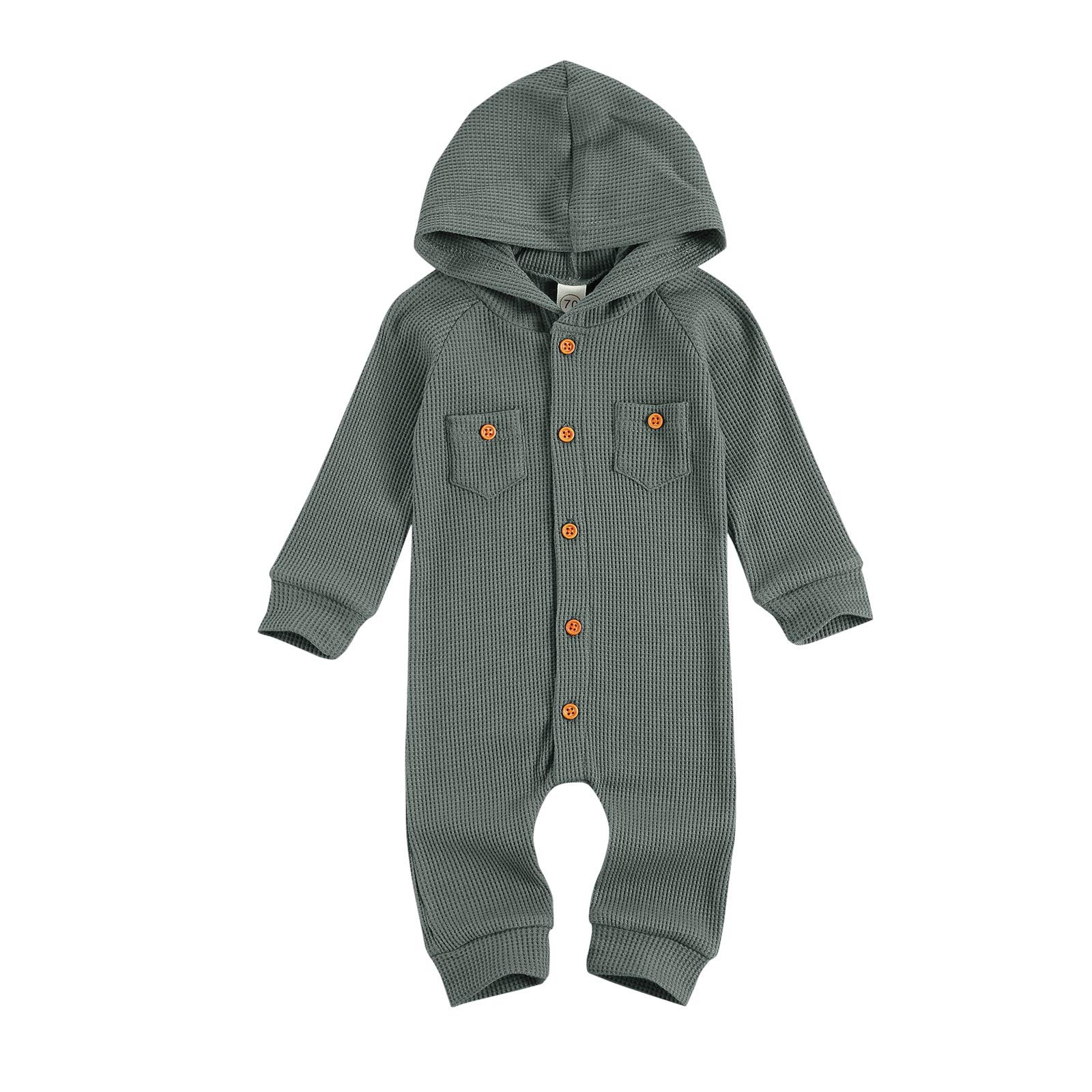 Ynibbim Winter Newborn Baby Boy Girl Solid Romper Unisex Infants Hooded Outfit Clothes Waffle Cotton Button Jumpsuits (Grey, 0-3 Months)