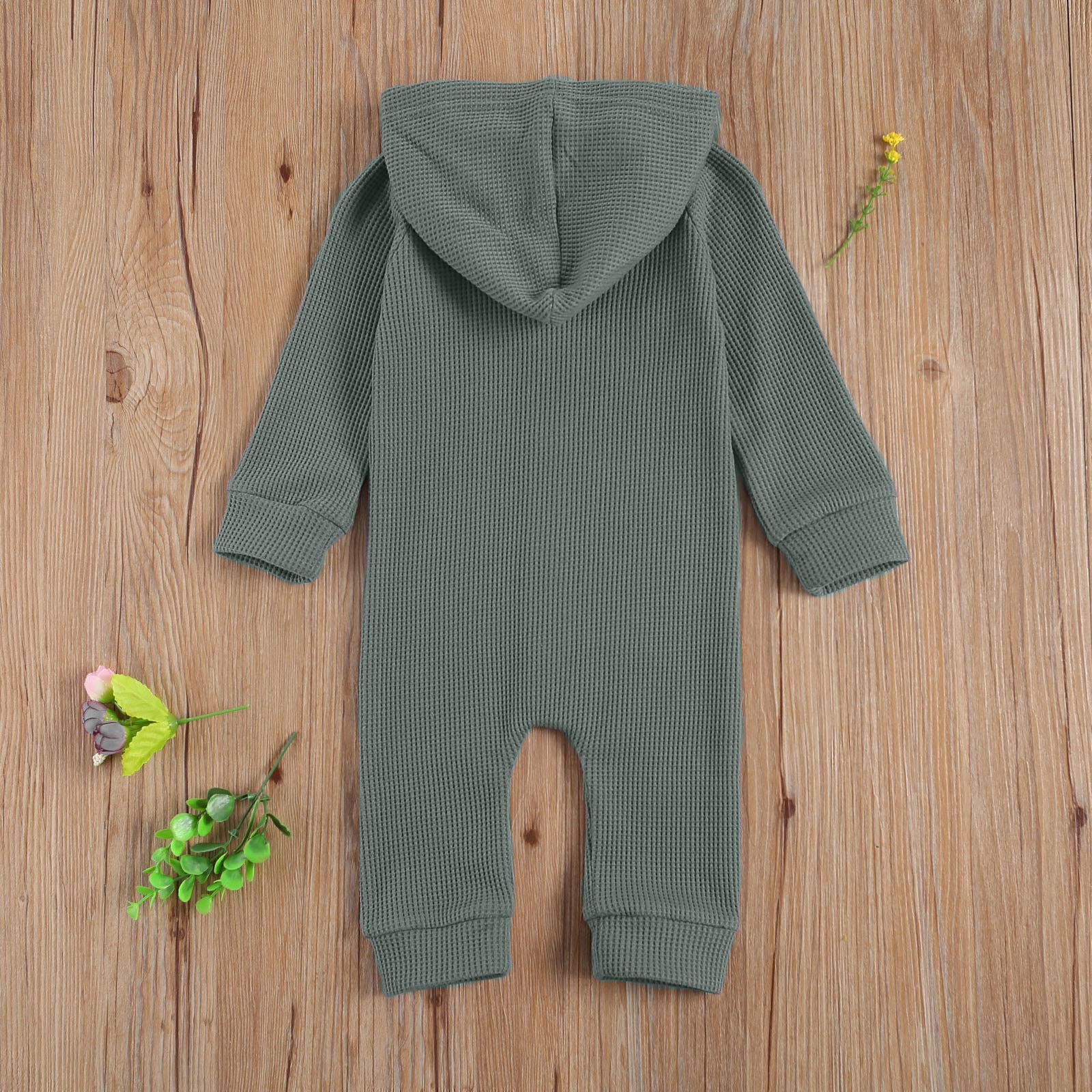 Ynibbim Winter Newborn Baby Boy Girl Solid Romper Unisex Infants Hooded Outfit Clothes Waffle Cotton Button Jumpsuits (Grey, 0-3 Months)