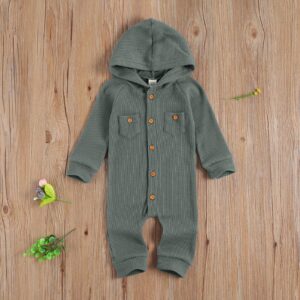 Ynibbim Winter Newborn Baby Boy Girl Solid Romper Unisex Infants Hooded Outfit Clothes Waffle Cotton Button Jumpsuits (Grey, 0-3 Months)