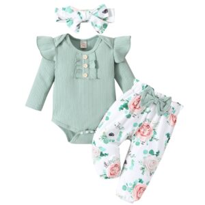 gdtogrt baby girl clothes newborn outfit infant ruffle sleeve romper and floral pants with cute headband sets baby clothes for girls 0-3 months - green