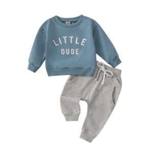 fhutpw toddler baby boy clothes 2pcs fall outfits long sleeve solid sweatshirt t-shirt top striped drawstring pants set (little dude- blue & gray, 12-18 months)