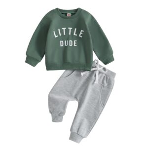 baby toddler boys fall winter outfits little dude letter printed long sleeve sweatshirts pants 2pcs clothes set (dark green, 6-12 months)