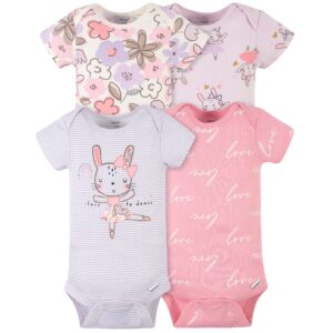 gerber baby girls' 4-pack short sleeve onesies bodysuits, bunny ballerina purple, 0-3 months