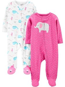 simple joys by carter's baby girls' cotton sleep and play, pack of 2, pink elephant/white sea life, 3-6 months