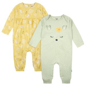 gerber baby girls' 2-pack long sleeve jumpsuit, green yellow fox, 6-9 months