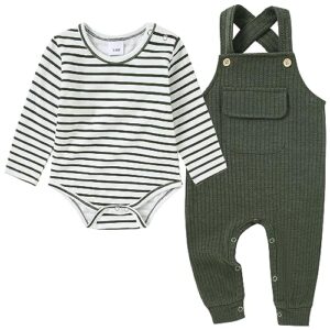 caretoo newborn baby boy clothes,infant boy romper fall winter outfits bodysuit 2pcs striped long sleeve top overalls 0-18m(green 3-6m)