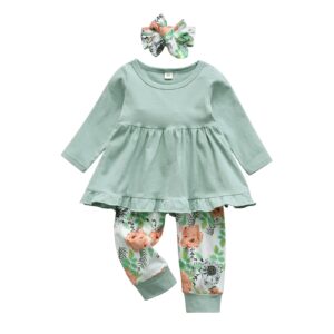 kulcerry toddler baby girl clothes solid color long sleeve ruffle tops floral pants headband outfits set (9-12 months, green