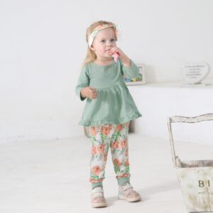 Kulcerry Toddler Baby Girl Clothes Solid Color Long Sleeve Ruffle Tops Floral Pants Headband Outfits Set (9-12 Months, Green