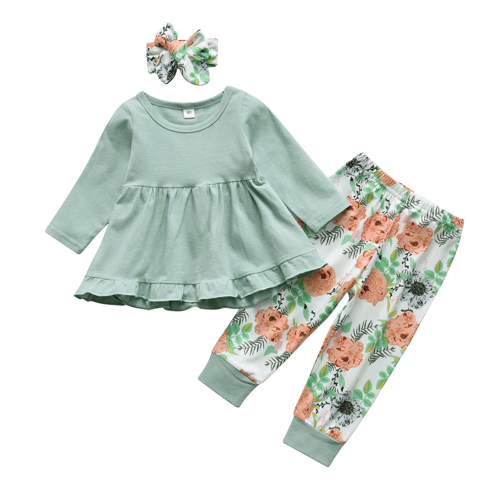 Kulcerry Toddler Baby Girl Clothes Solid Color Long Sleeve Ruffle Tops Floral Pants Headband Outfits Set (9-12 Months, Green