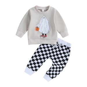 lucikamy toddler baby boy halloween outfit long sleeve ghost/pumpkin sweatshirt tops elastic pants 2pcs fall winter clothes (light grey, 18-24 months)