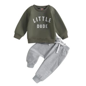 baby toddler boys fall winter outfits little dude letter printed long sleeve sweatshirts pants 2pcs clothes set (army green, 6-12 months)