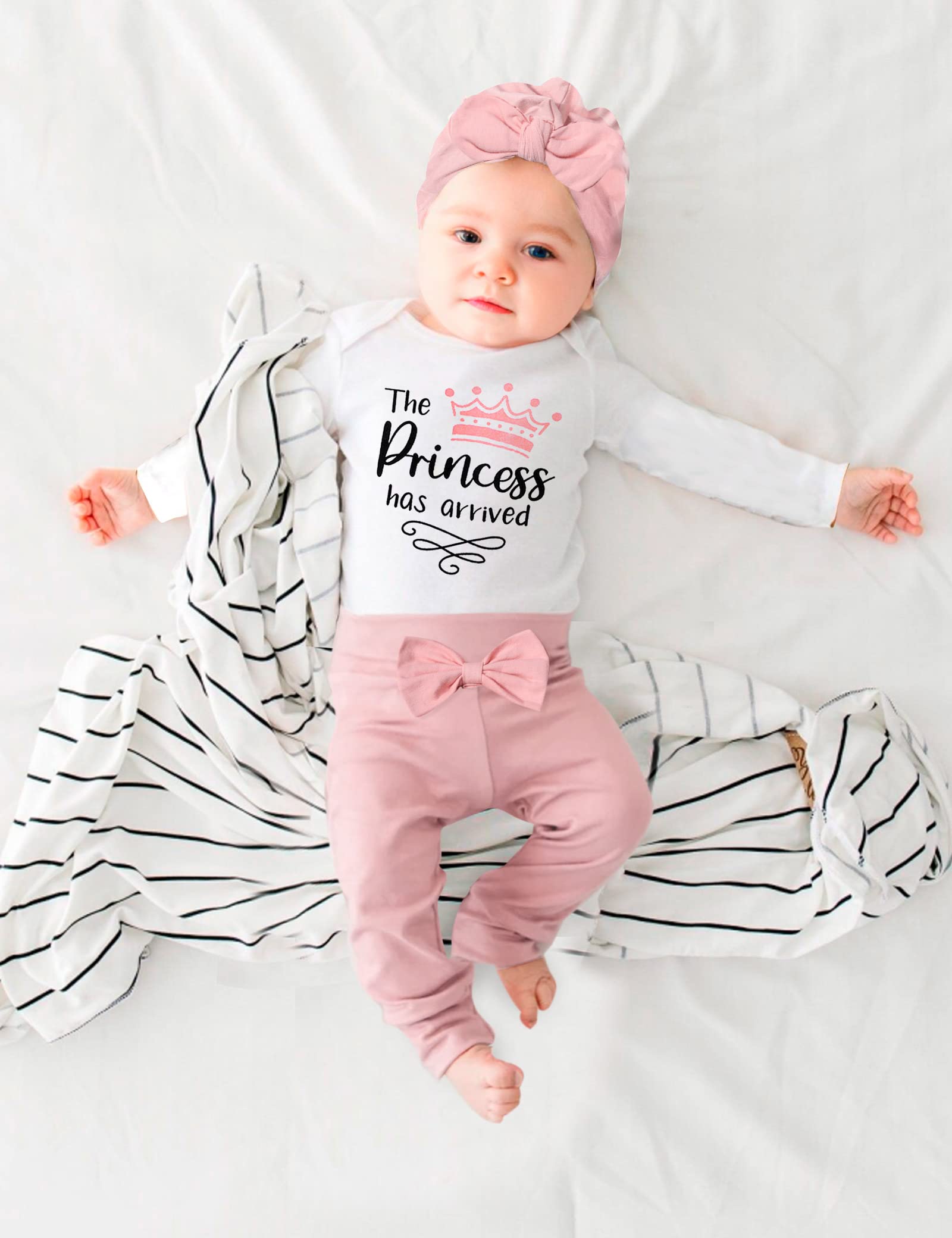 TyeSmo Newborn Girl Clothes the Princess Has Arrived White Long-sleeve Top + Pants + Headband + Hat Newborn Baby Girl Clothes