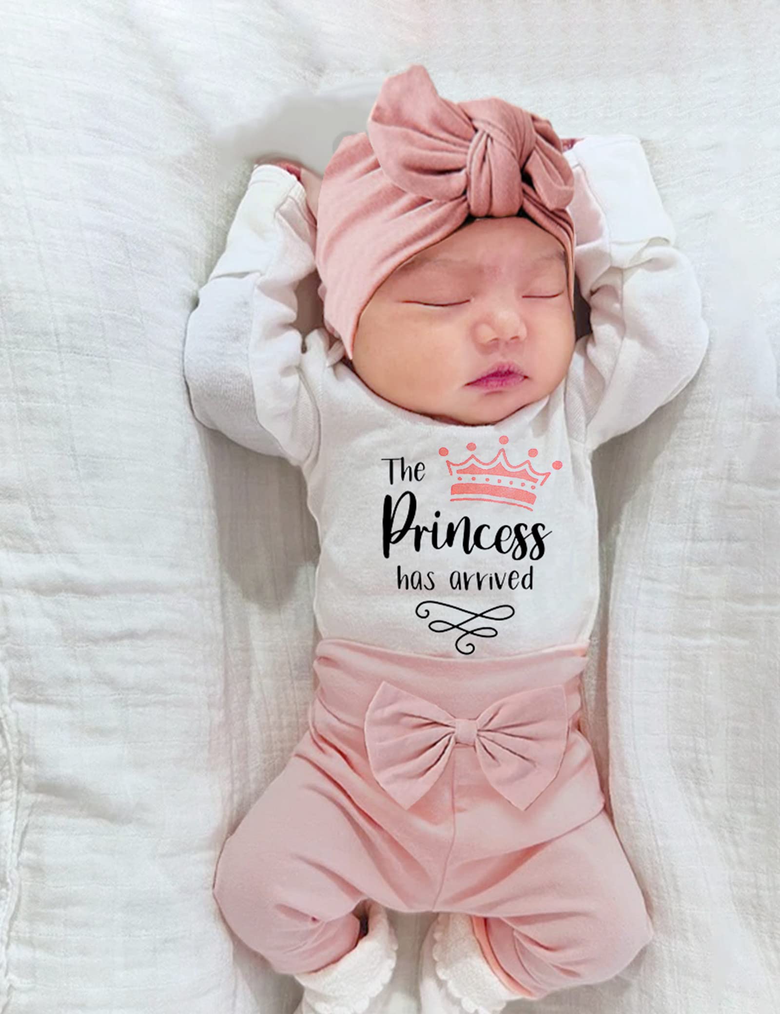 TyeSmo Newborn Girl Clothes the Princess Has Arrived White Long-sleeve Top + Pants + Headband + Hat Newborn Baby Girl Clothes