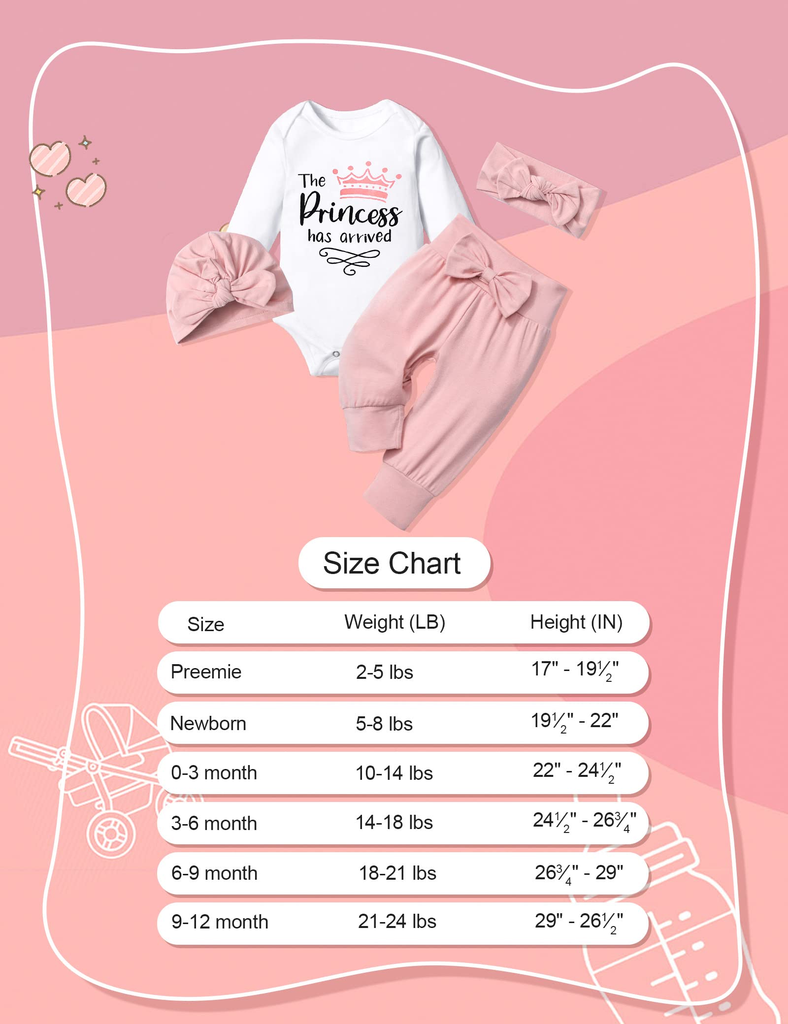 TyeSmo Newborn Girl Clothes the Princess Has Arrived White Long-sleeve Top + Pants + Headband + Hat Newborn Baby Girl Clothes