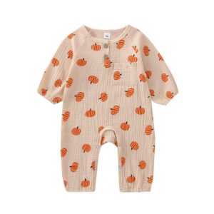 fiomva newborn baby girl boy halloween outfit pumpkin long sleeve romper onesie cotton linen jumpsuit fall winter clothes (pumpkin-beige,0-3 months)