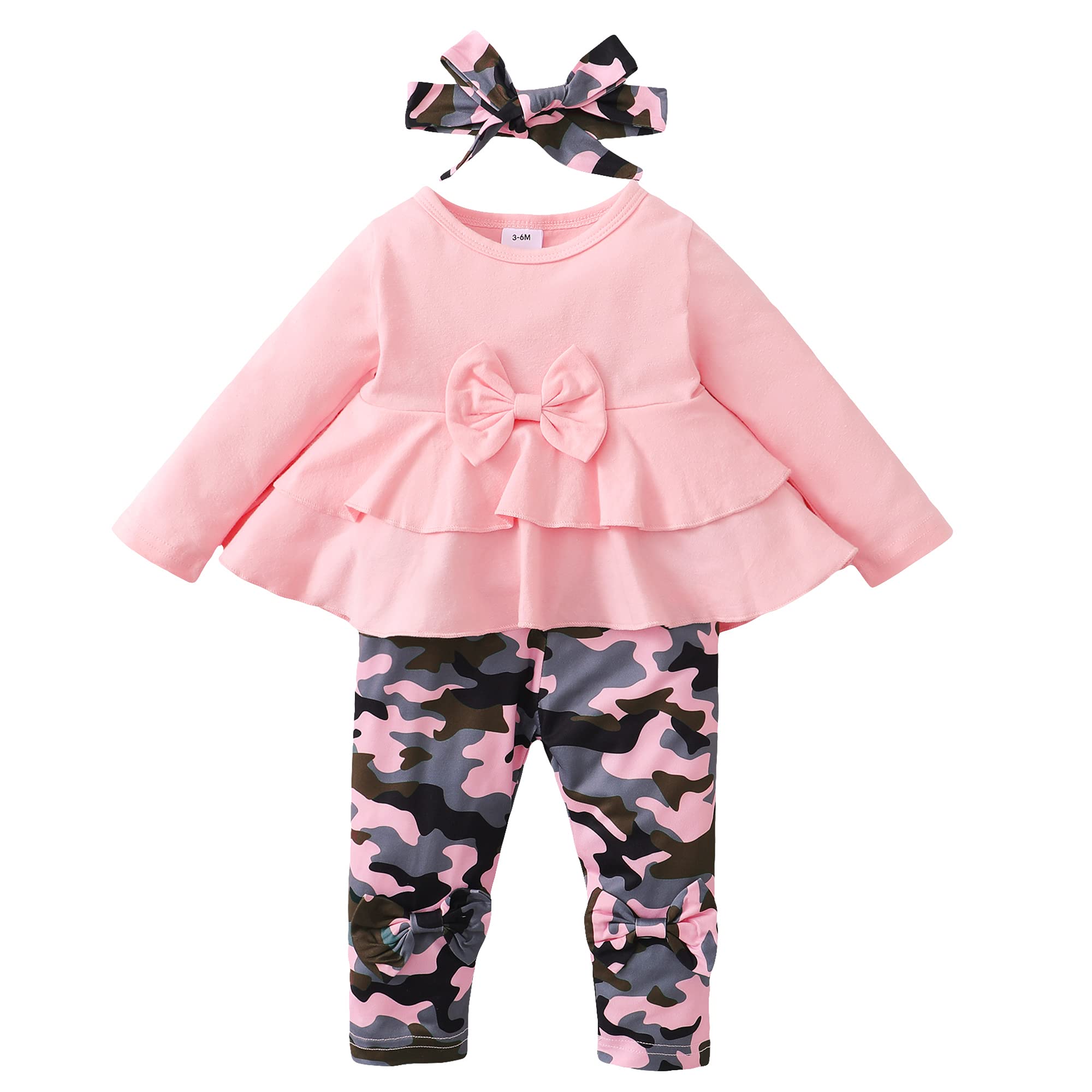 XUANHAO 12-18 Month Girl Clothes Girl Clothing Fall Winter Cute Long Sleeve Pant Sets Ruffle Tops Camouflage Pants Baby Clothes Girl 12-18 Months