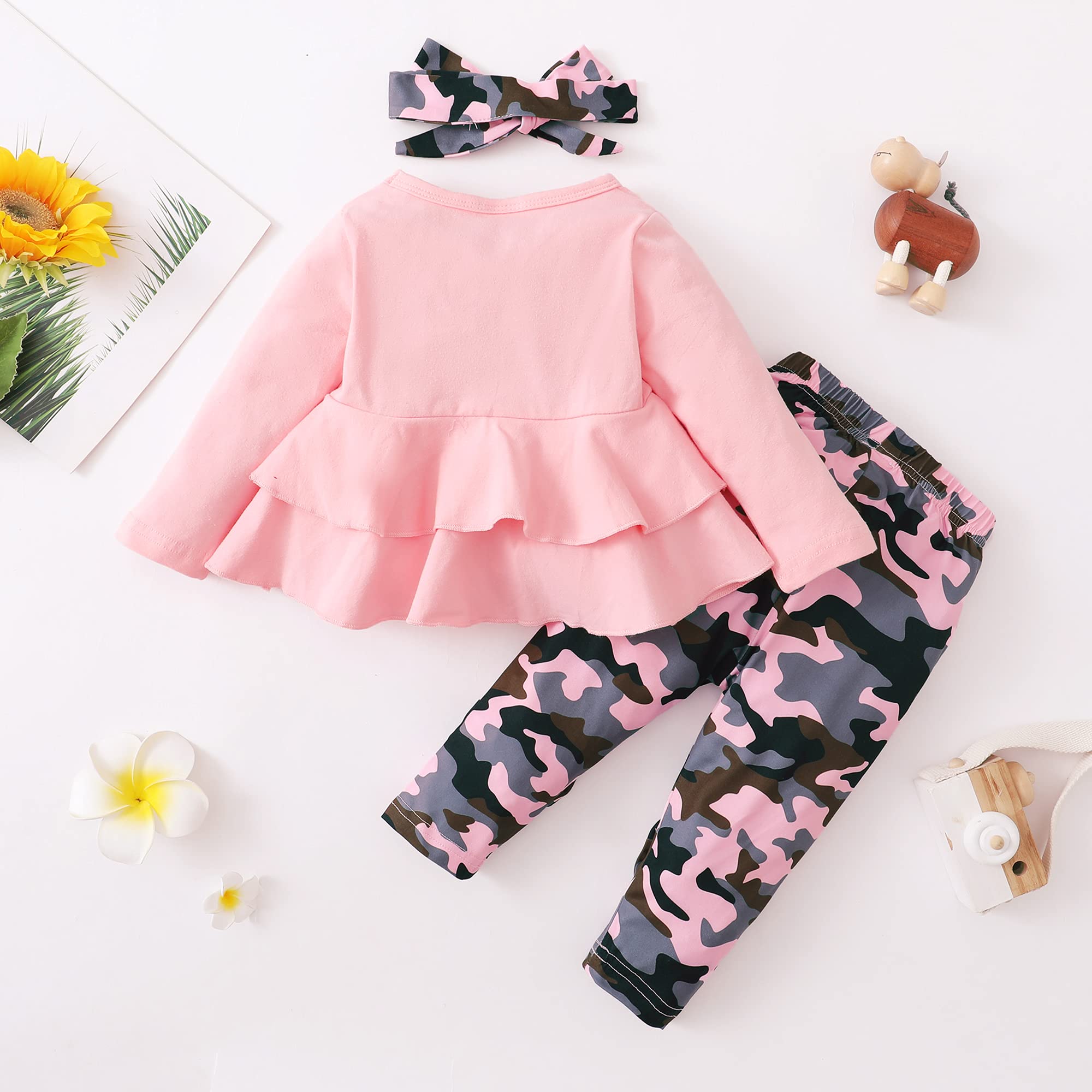 XUANHAO 12-18 Month Girl Clothes Girl Clothing Fall Winter Cute Long Sleeve Pant Sets Ruffle Tops Camouflage Pants Baby Clothes Girl 12-18 Months