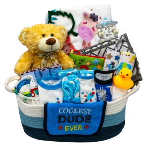 bundle of joy deluxe baby boy gift set, baby layette set with 25-piece new baby essentials, baby gift basket for expecting moms, blue - nikki’s gift baskets