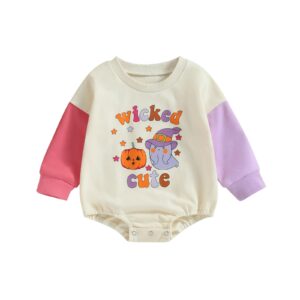 infant baby boy girl halloween outfit pumpkin sweatshirt bubble romper oversized sweater bodysuit fall winter clothes (red purple beige, 18-24 months)