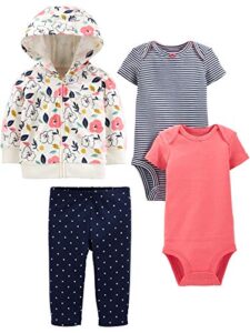 simple joys by carter's baby girls' 4-piece jacket, pant, and bodysuit set, coral pink/ecru floral/navy dots/stripe, 3-6 months