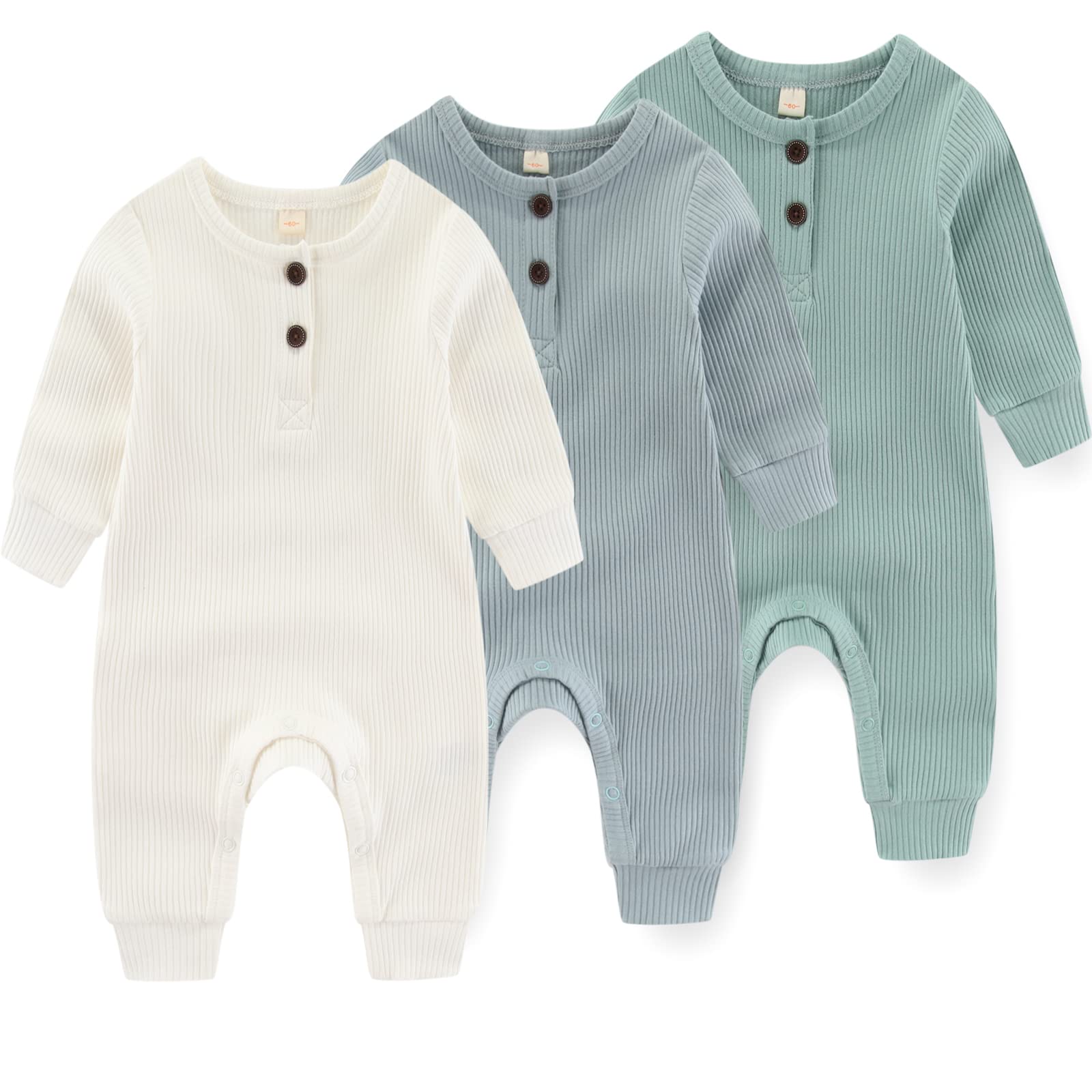 IADOER Newborn Baby Boys Girls One Piece Romper With Mitten Cuffs 3 Pack Long Sleeve Ribbed Button Jumpsuit Outfit Clothes white+blue+green 6 months