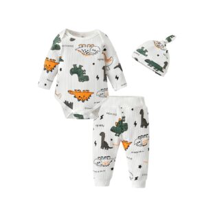 siracend newborn infant baby boy clothes outfits dinosaur pattern long sleeve romper + pants + hat clothing 3 pcs (newborn) white